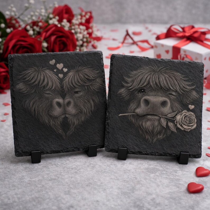 Highland Cow Valentine Coaster Set • Cute Cow Couple • Engraved Slate ...
