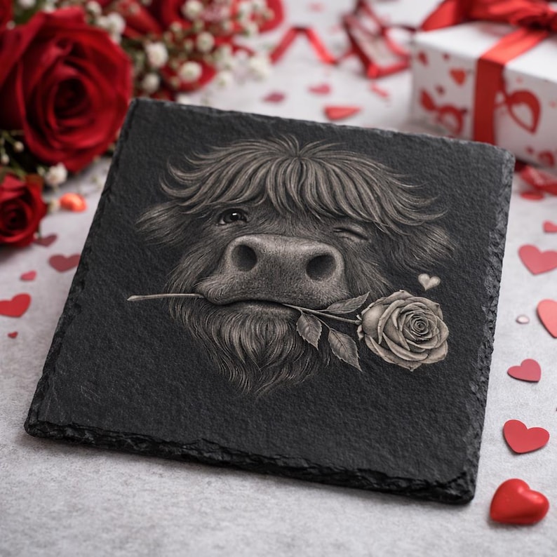 Highland Cow Valentine Coaster Set • Cute Cow Couple • Engraved Slate ...