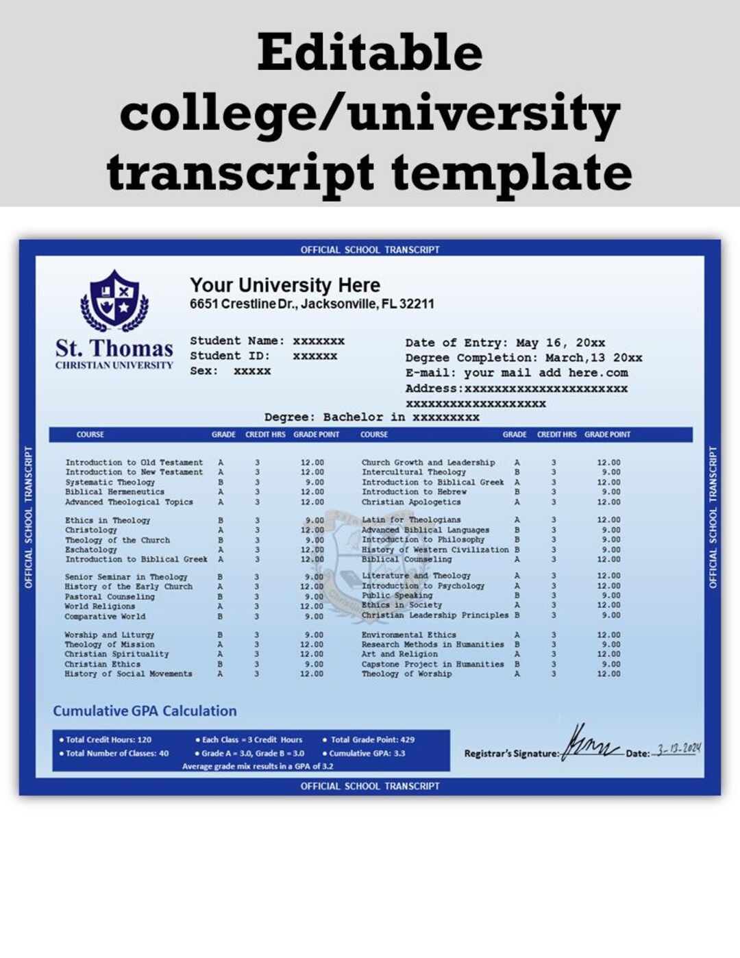 Editable College Transcript, University Transcript Template, Official ...