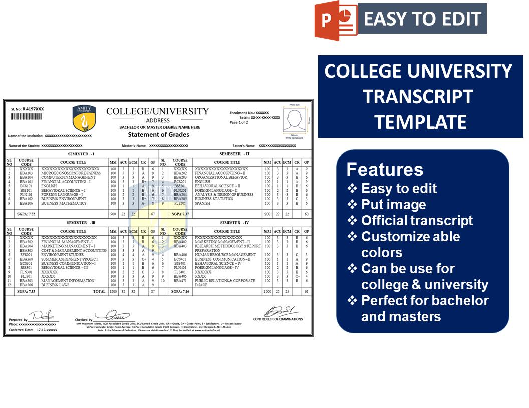 Editable University Transcript, College Transcript Template, Custom ...