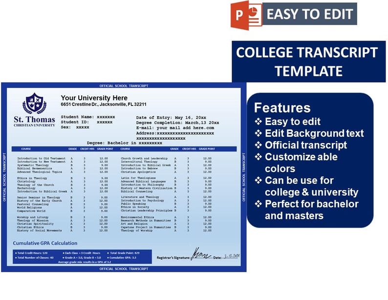 Editable College Transcript, University Transcript Template, Official ...