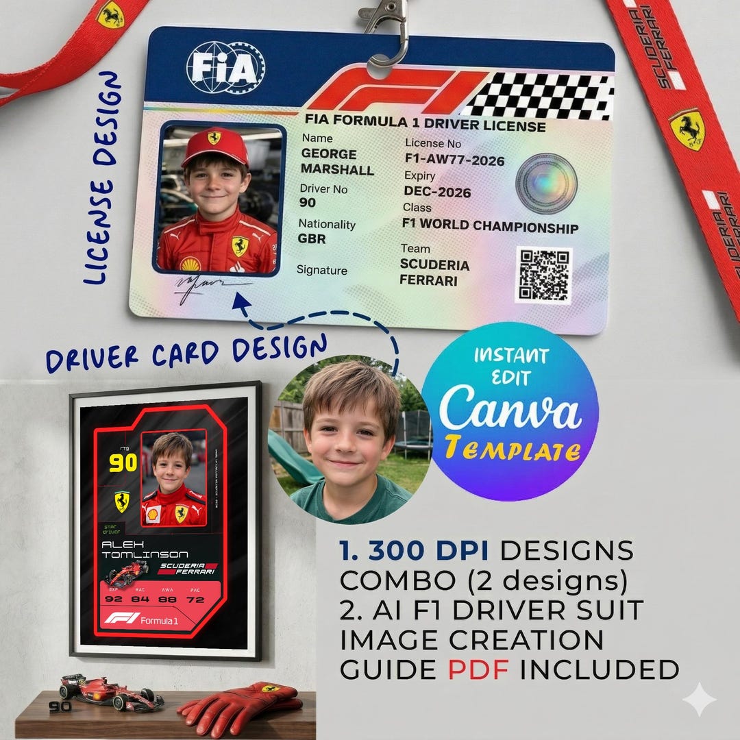 Editable Formula 1 Scuderia Ferrari Kids Driver License and Playcard ...