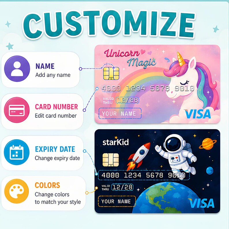 Editable Kids Credit Card Canva Template: Unicorn & Space Designs ...