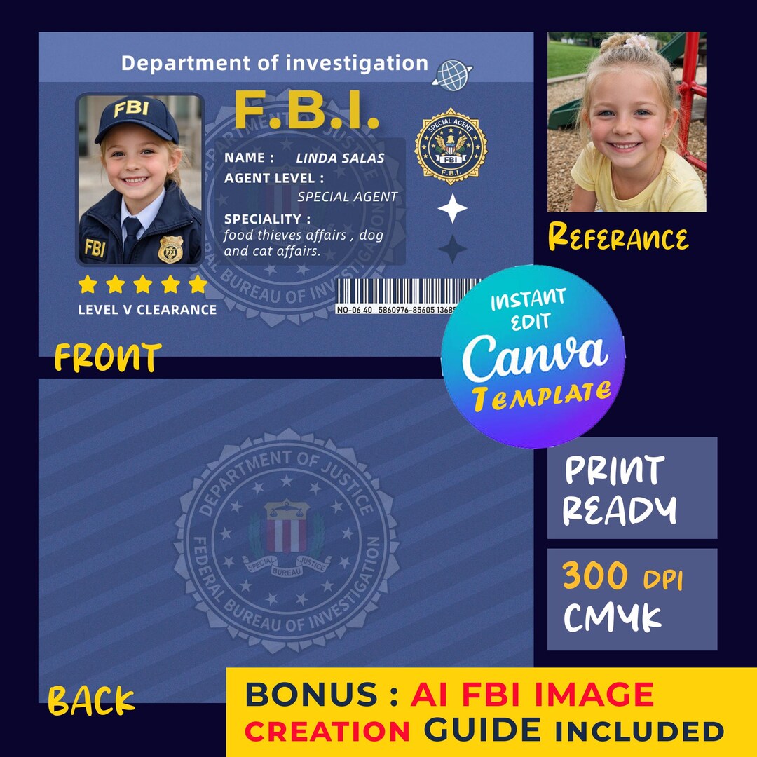 Custom Kids FBI ID Badge Editable Canva Template Pretend Play Police ...