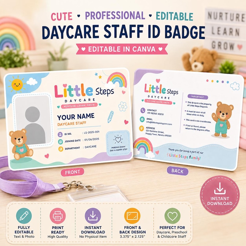 Daycare Staff ID Badge Template, Editable Canva Childcare Employee ID ...