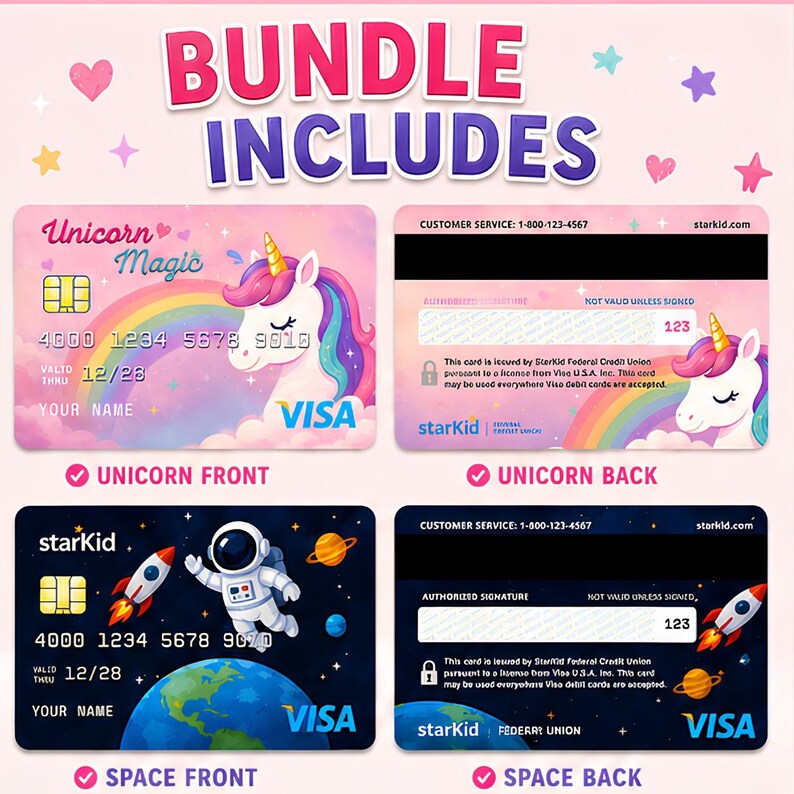 Editable Kids Credit Card Canva Template: Unicorn & Space Designs ...