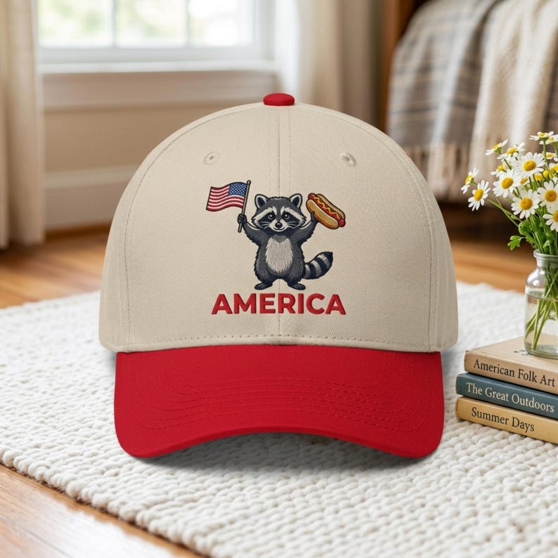 Embroidered Raccoon Hot Dog Hat, Patriotic USA Animal Cap - Etsy
