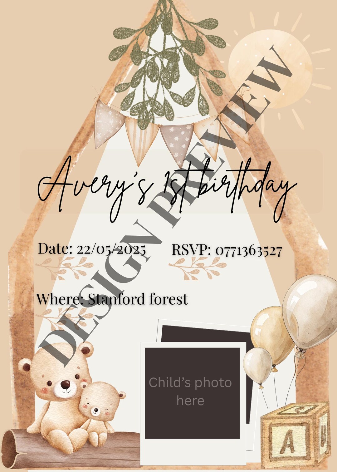 Editable Teddy Bear Birthday Invitation | Neutral Boho Kids Party ...