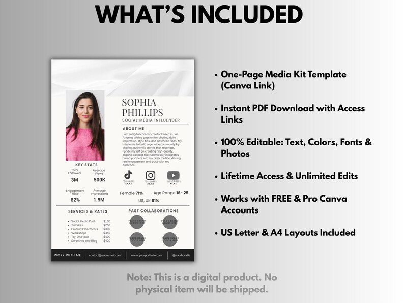 One Page Media Kit Template Canva | UGC Creator Portfolio | Influencer ...