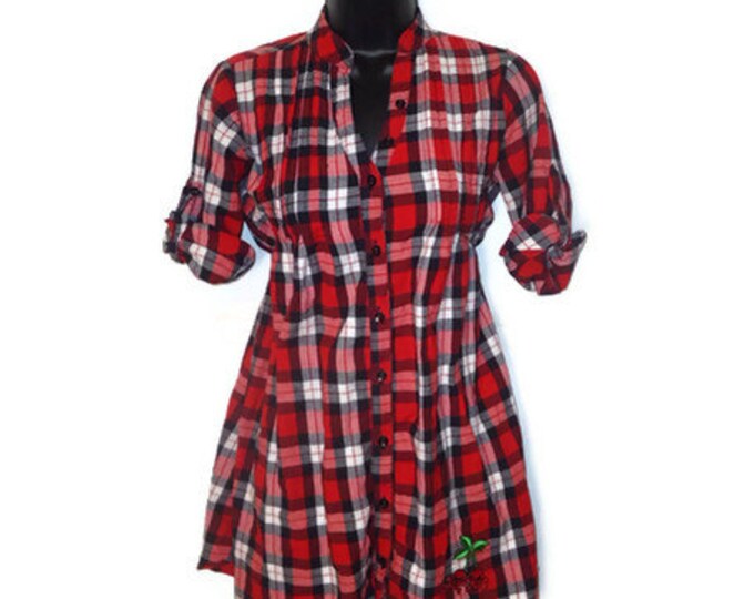 Red Plaid Button up Tunic With Cherry Skull Applique Juniors - Etsy
