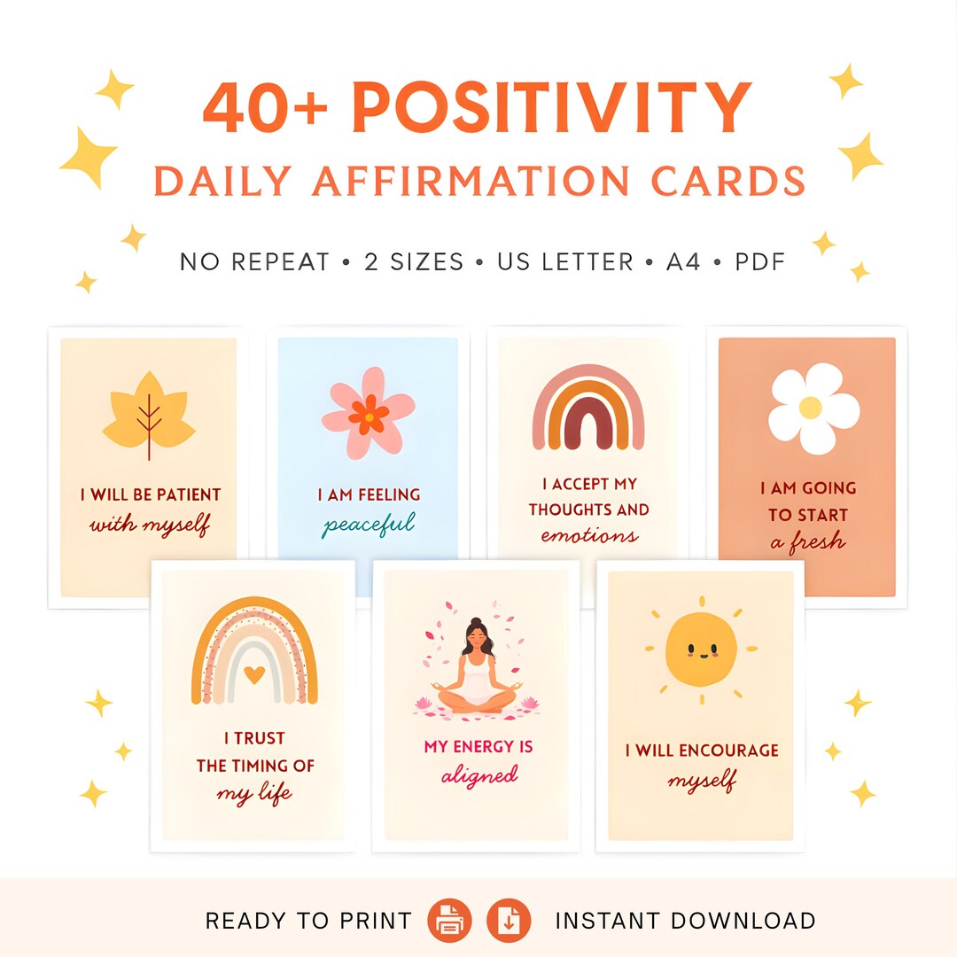 Printable Daily Positivity Affirmation Cards, 42 Minimal Self Care ...