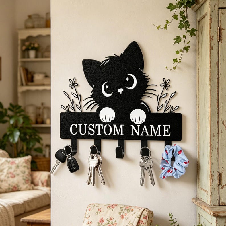 Personalized Cat Key Holder, Custom Metal Key Rack Wall Mount, Cat ...
