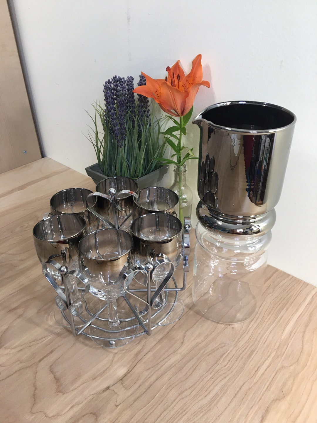 Silver Ombre Sangria Pitcher With Glasses, Vintage Decanter With Wine ...