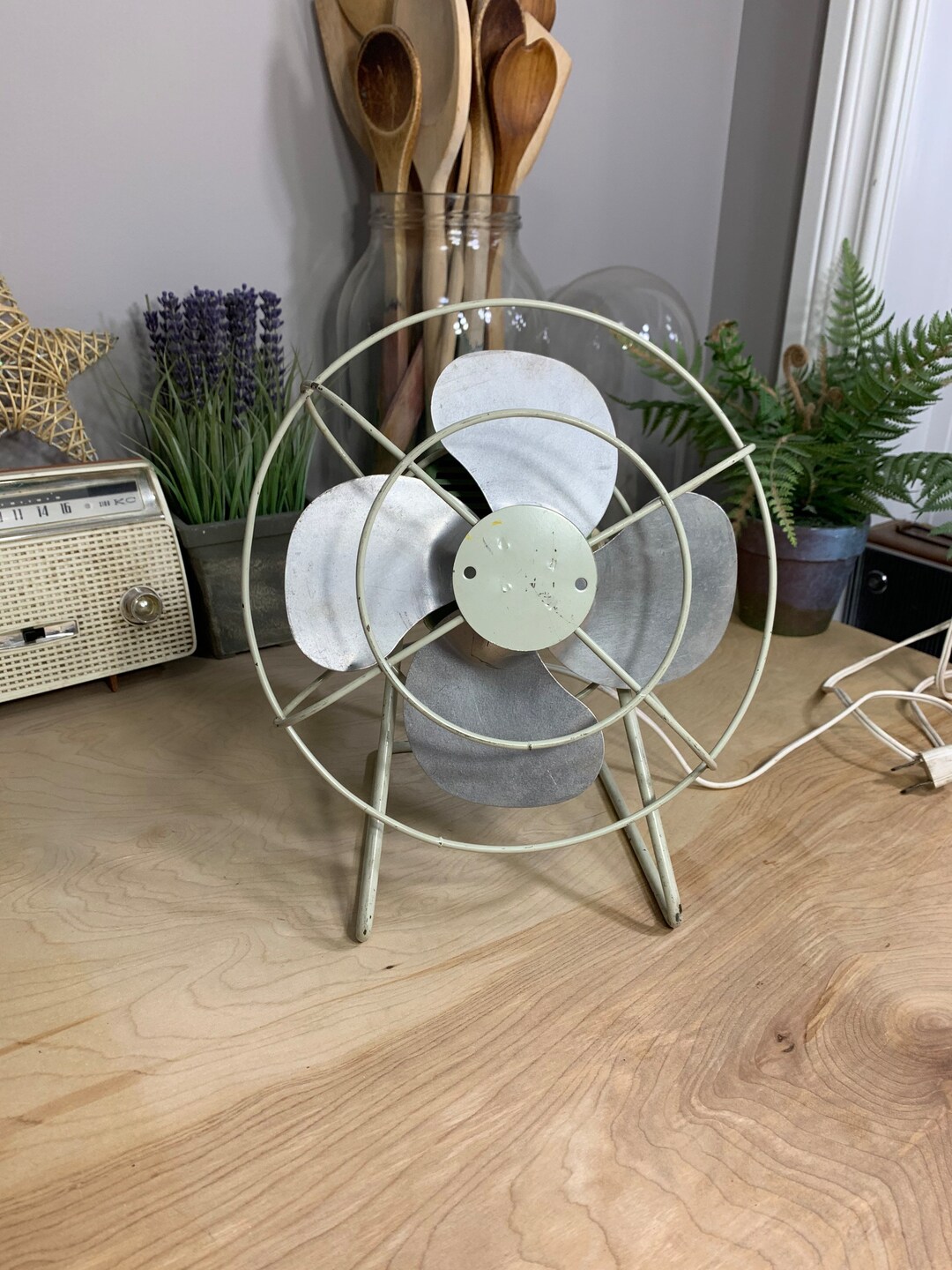 Industrial Desk Fan, Green Plastic Body With Cream Wire, Torcan, 1950's ...