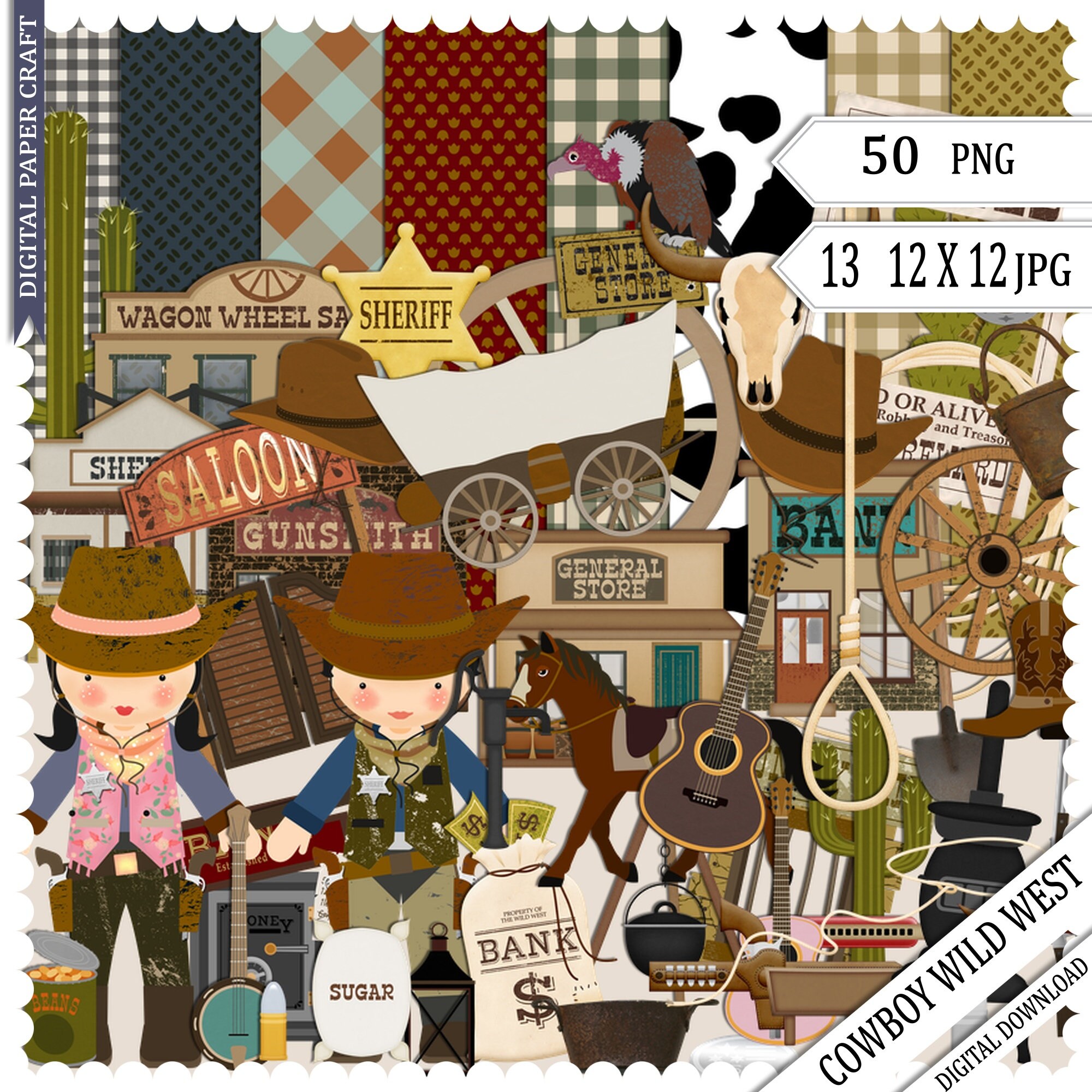 Wild West Digital Scrapbook Kit: Cowboy, Cowgirl, Children's Boy Girl ...