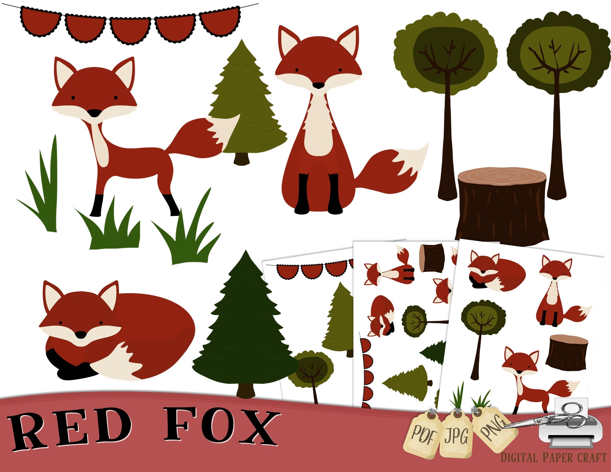 Fox Clipart Red Fox Clipart Woods Clipart Tree Clipart - Etsy UK