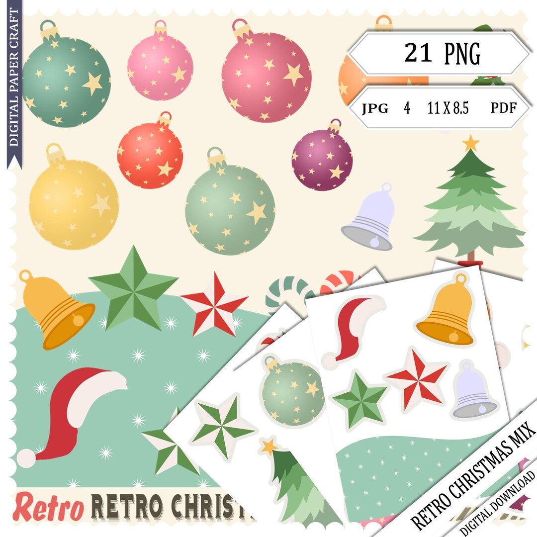 Retro Christmas Clipart, 50s Clipart, Instant Download, Christmas Tree ...