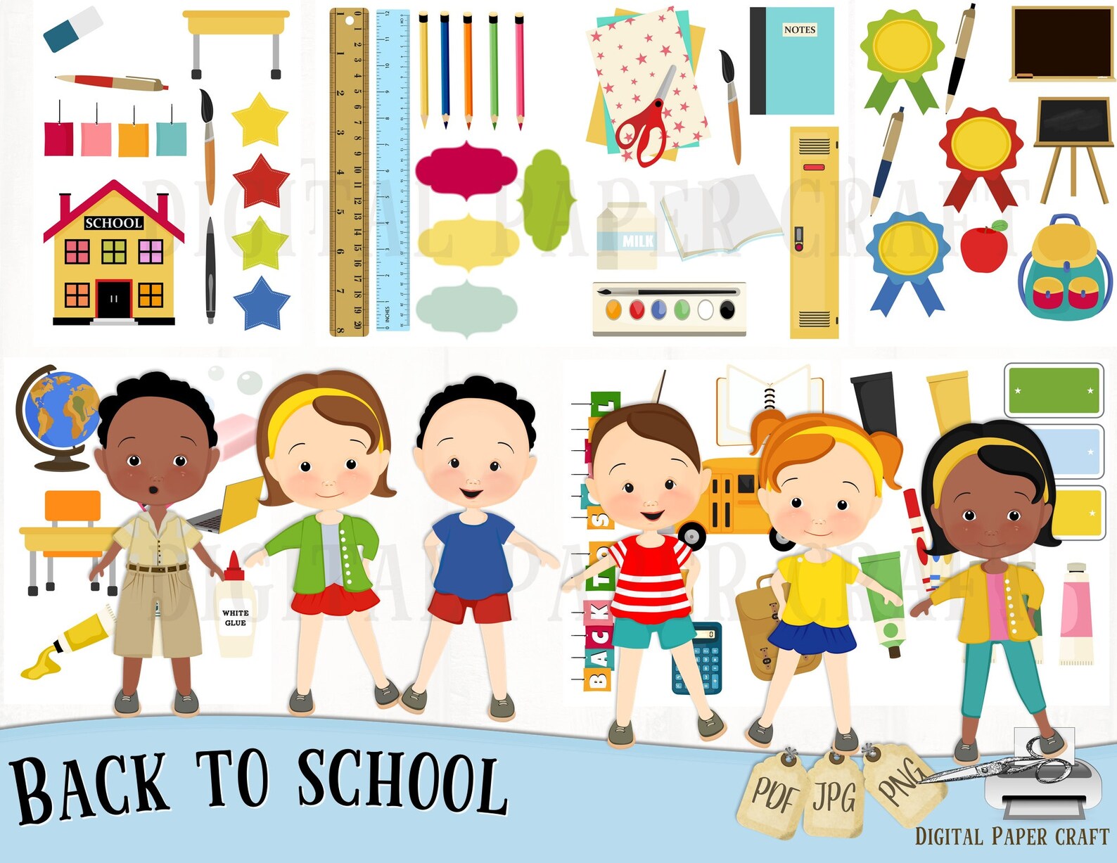 Multicultural School Clipart: Kids, Bus, Globe (PNG, JPG, PDF) School ...