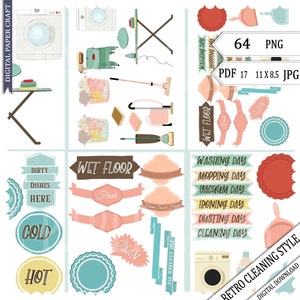 Retro Cleaning Clipart, Chores Clipart, Housework Clipart, Instant ...