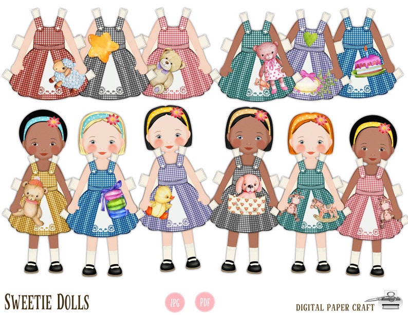 Multicultural Paper Doll Set: Printable Cut-out Dolls, Gingham Dress ...