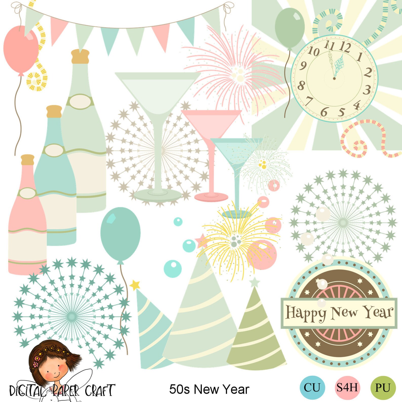 New Years Clipart, Retro Clipart, New Years Eve, Instant Download, New ...