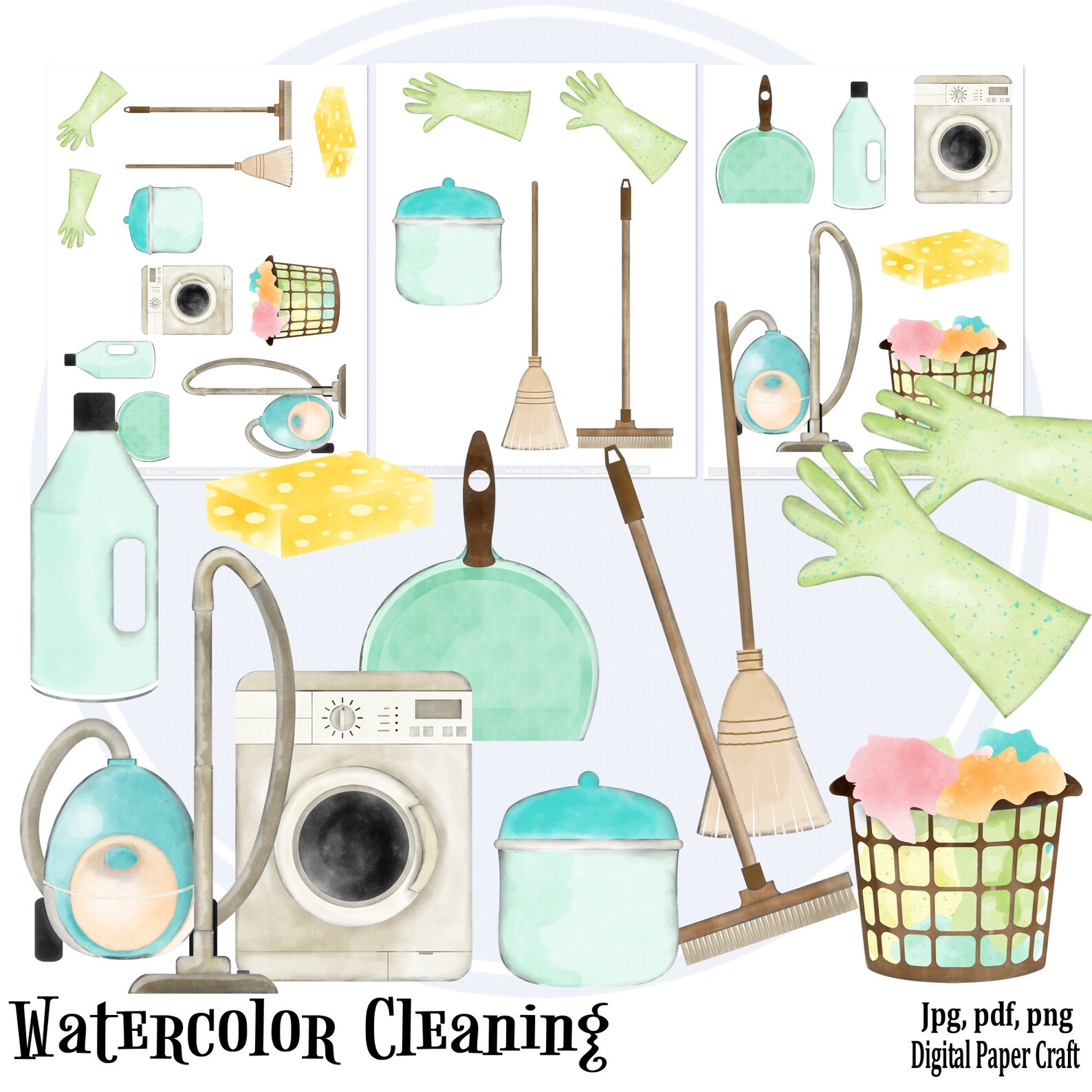 Watercolor Cleaning Clipart: Chores & Housework, Display, Rules, Label ...