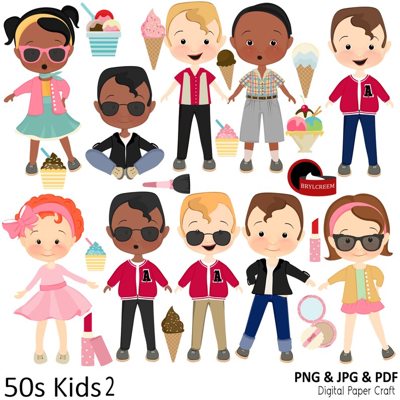 1950s Kids Clipart: Multicultural Retro Characters (instant Download ...