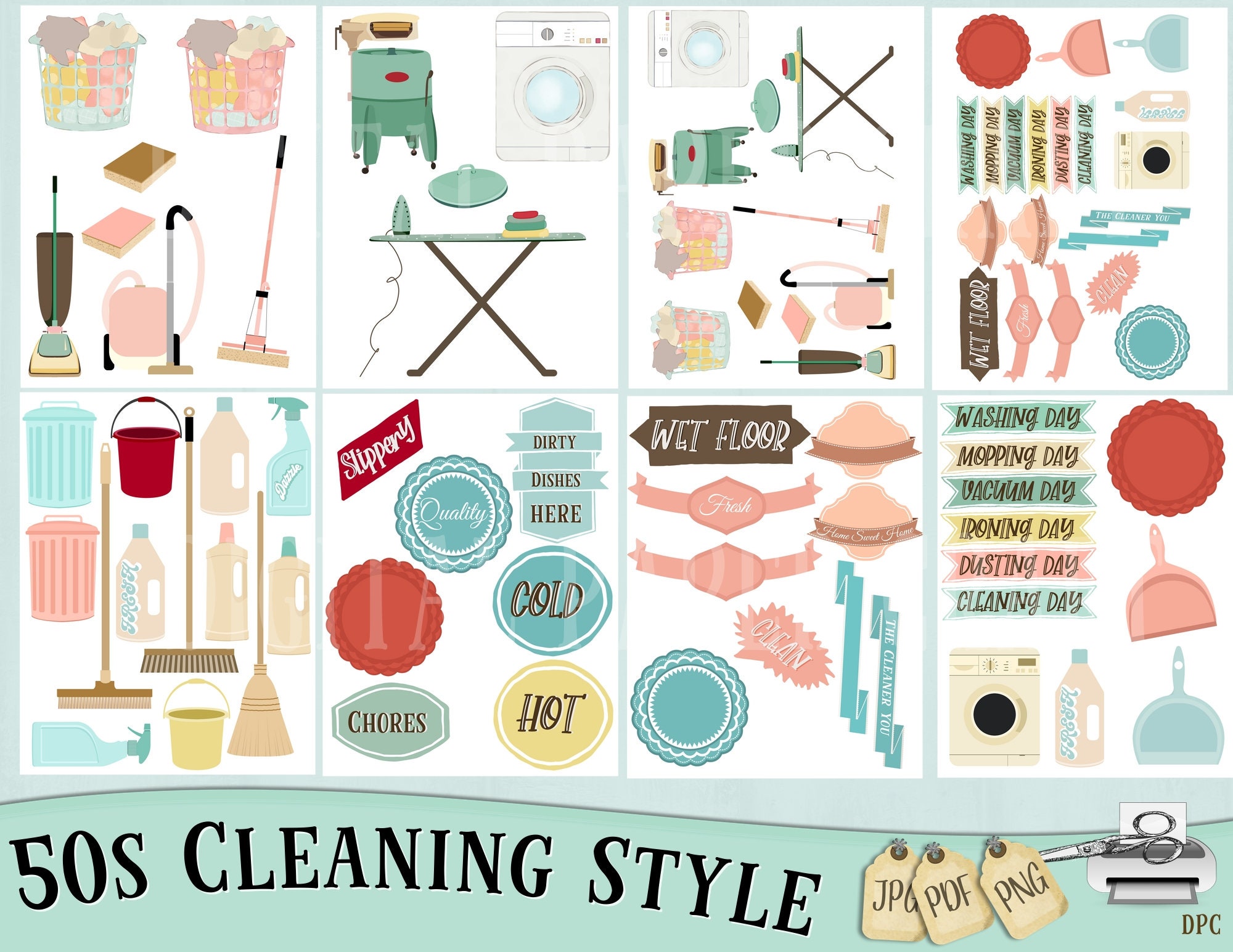 Retro Cleaning Clipart Chores Clipart Housework Clipart | Etsy