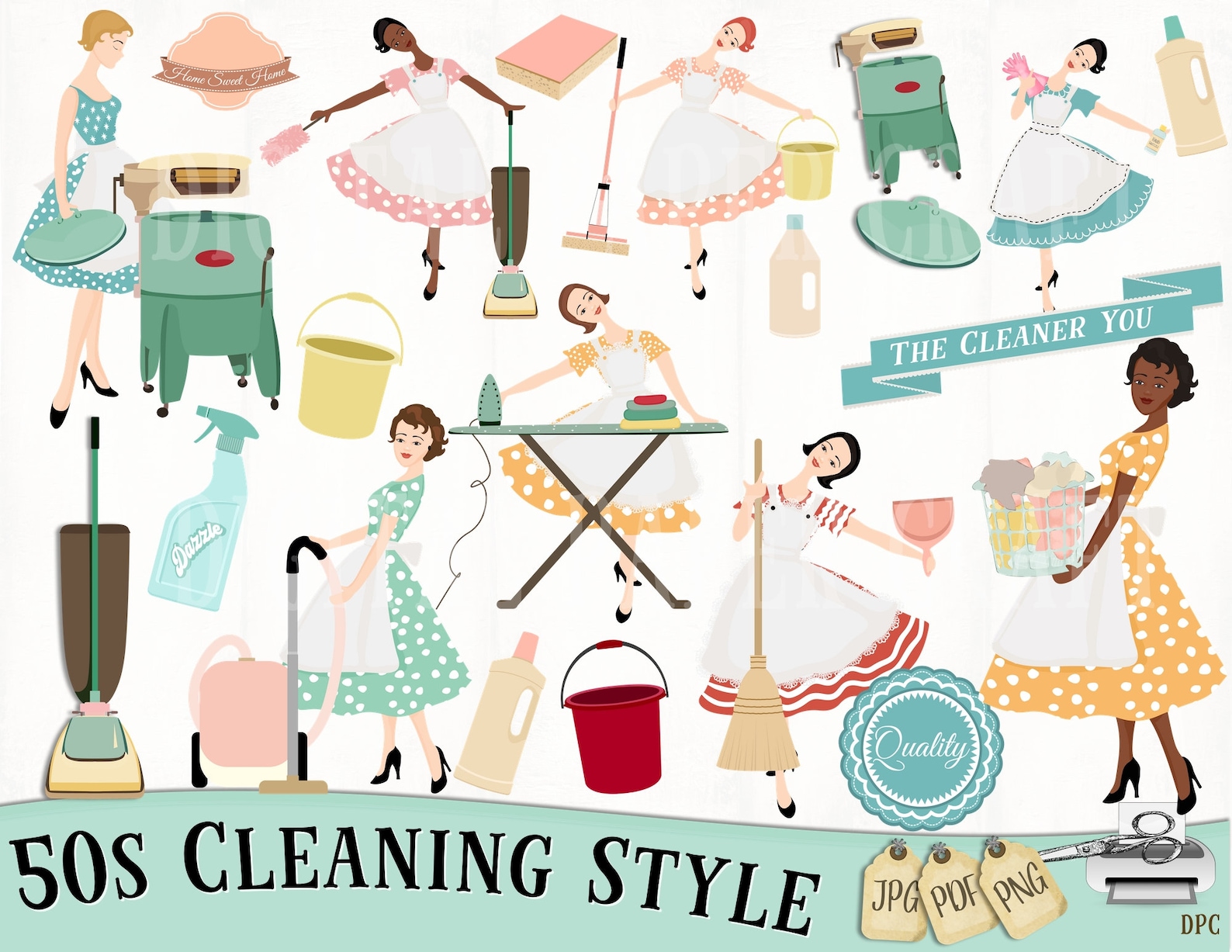 Retro Cleaning Clipart, Chores Clipart, Housework Clipart, Instant ...