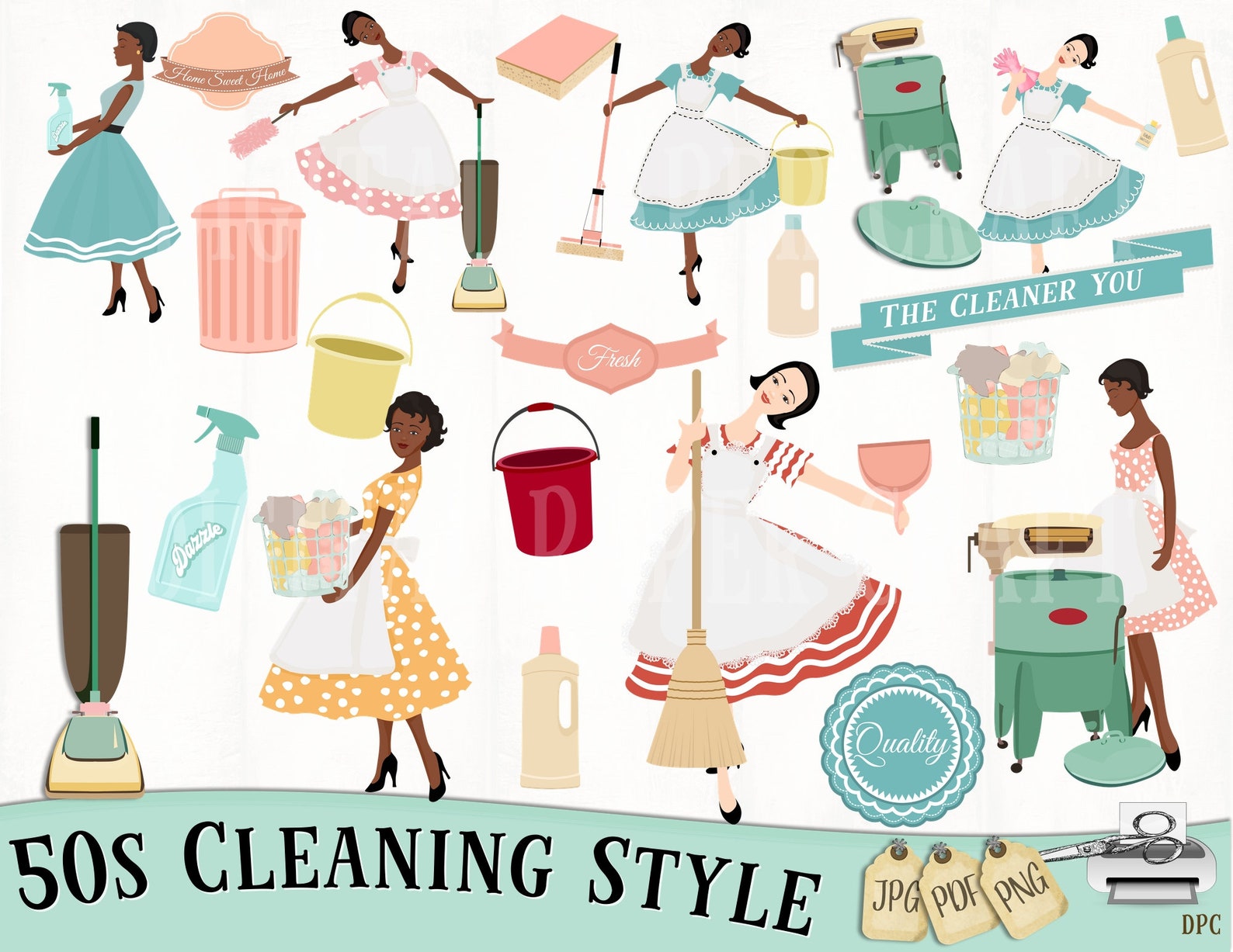 Retro Cleaning Clipart, Chores Clipart, Housework Clipart, Instant ...