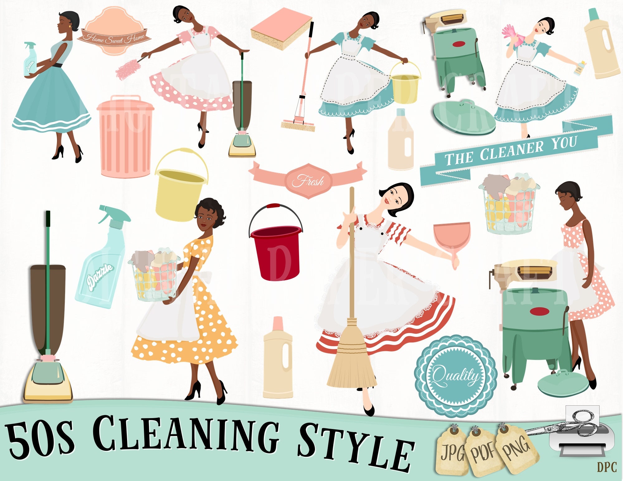 Retro Cleaning Clipart, Chores Clipart, Housework Clipart, Instant ...