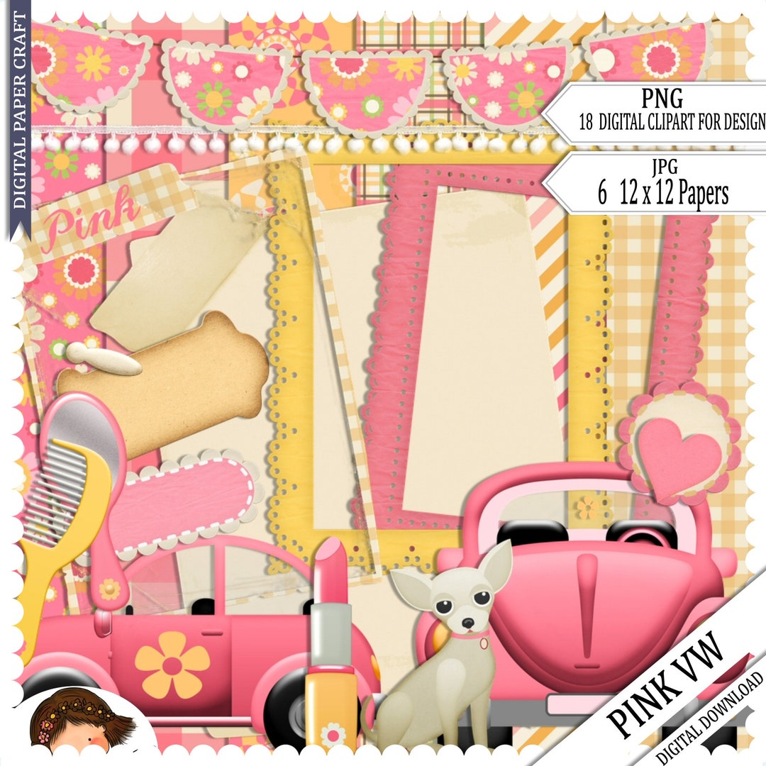 Retro Scrapbook, Pink Car Scrapbook, Vw Scrapbook, Instant Download ...