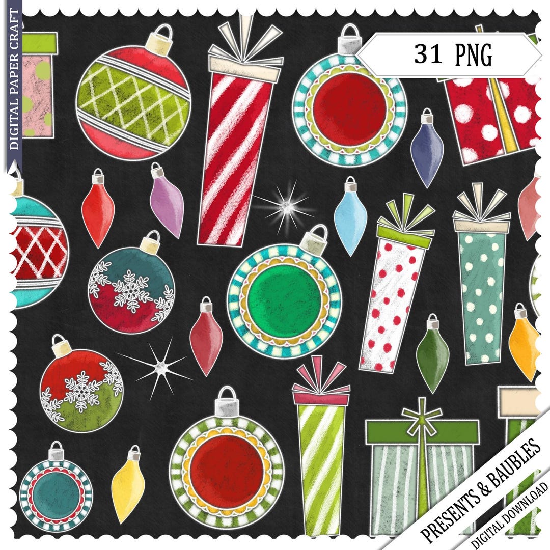 Baubles Chalk Art, Black Board Clipart, Present Clipart, Card Making ...