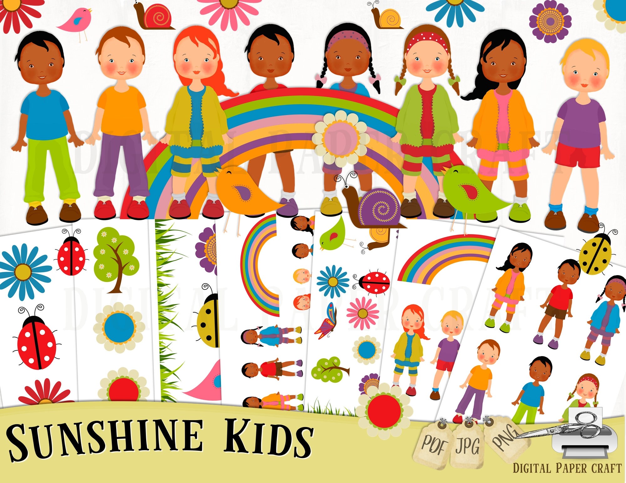 Clipart Sunshine Kids With Rainbows for Card Design, Scrapbooking, and ...
