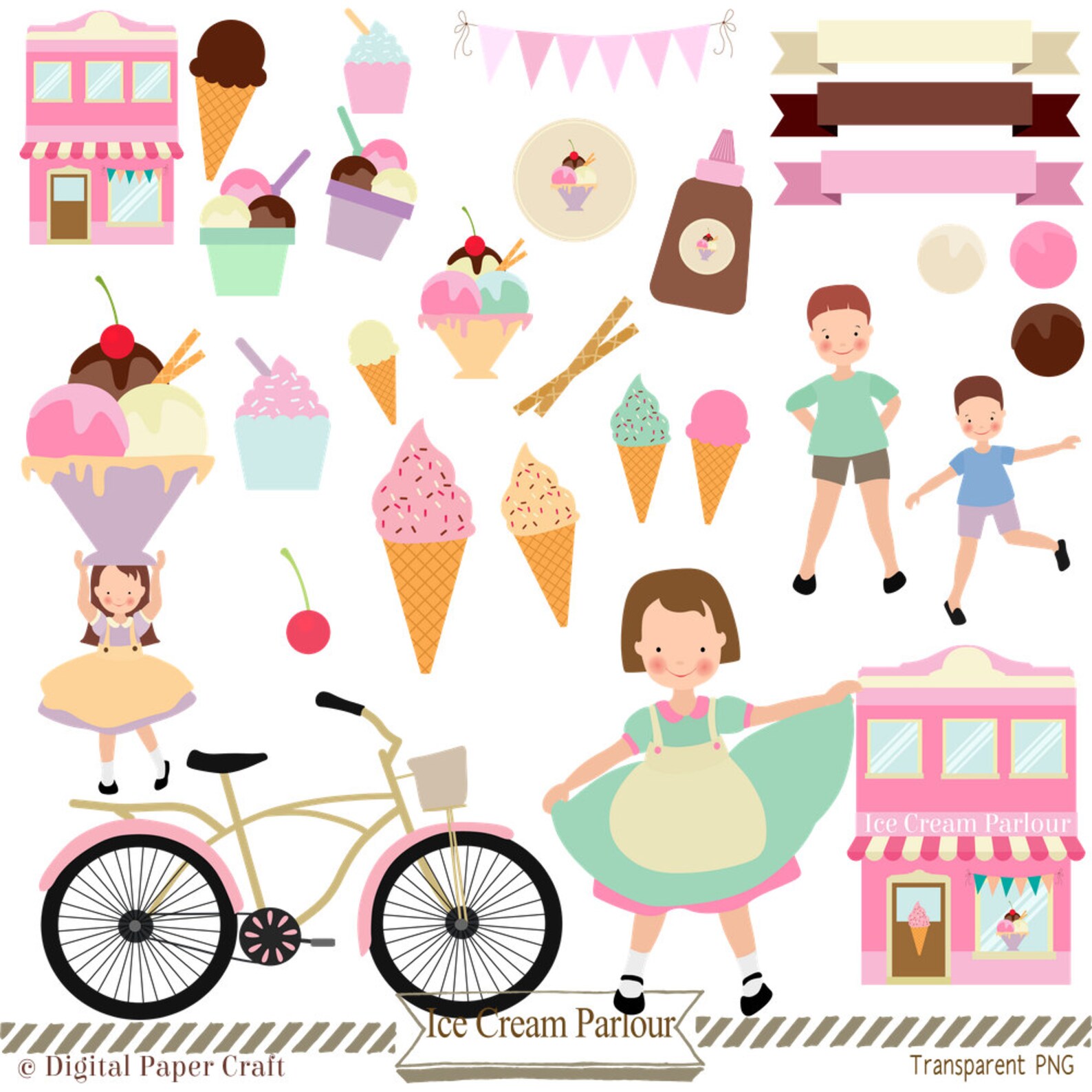 Ice cream Clipart Icecream Parlour Dessert Clipart Children | Etsy
