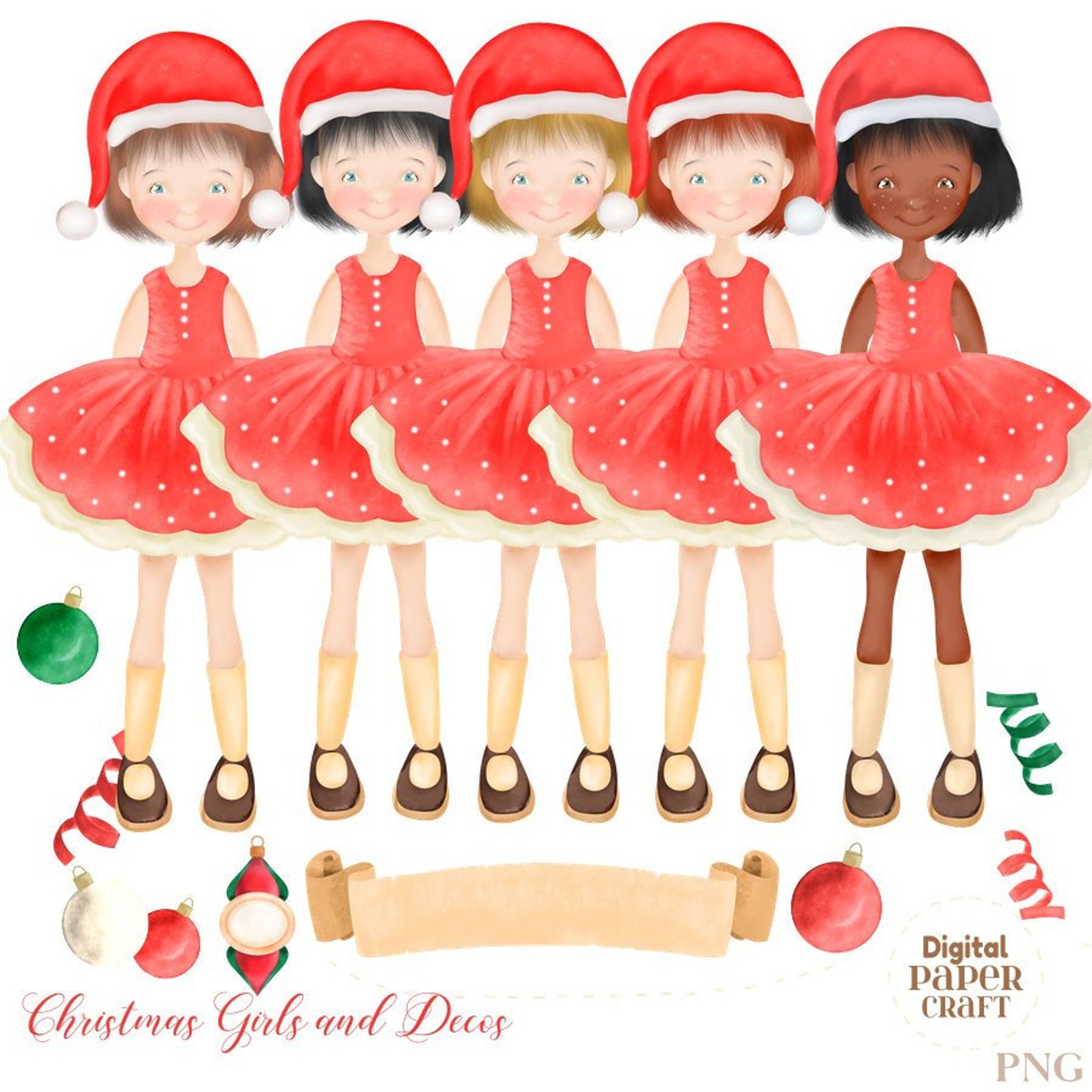 Watercolor Christmas Clipart Girl Clipart Santa Clipart Red - Etsy