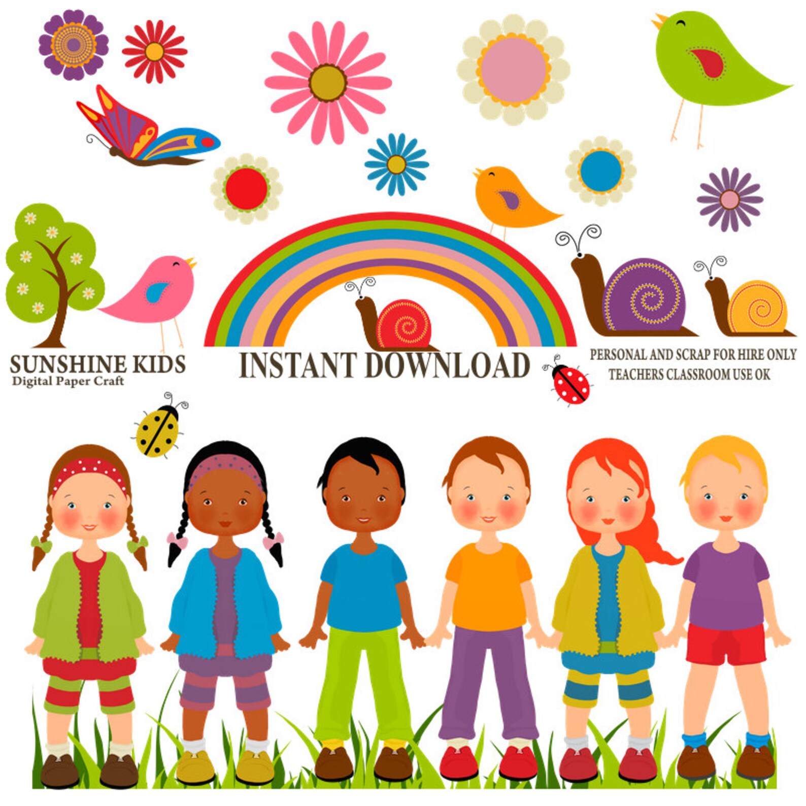 Clipart Sunshine Kids With Rainbows for Card Design, Scrapbooking, and ...