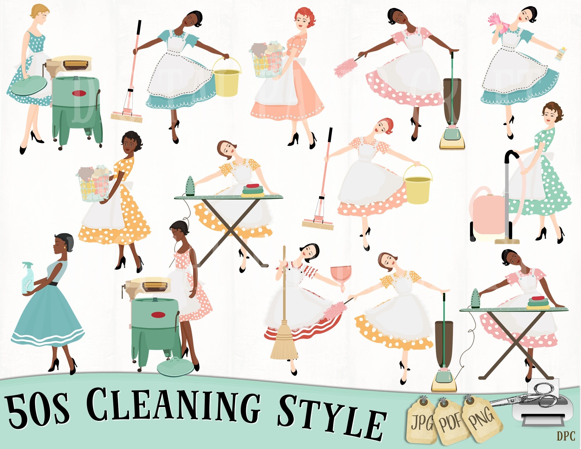 Retro Cleaning Clipart, Chores Clipart, Housework Clipart, Instant ...