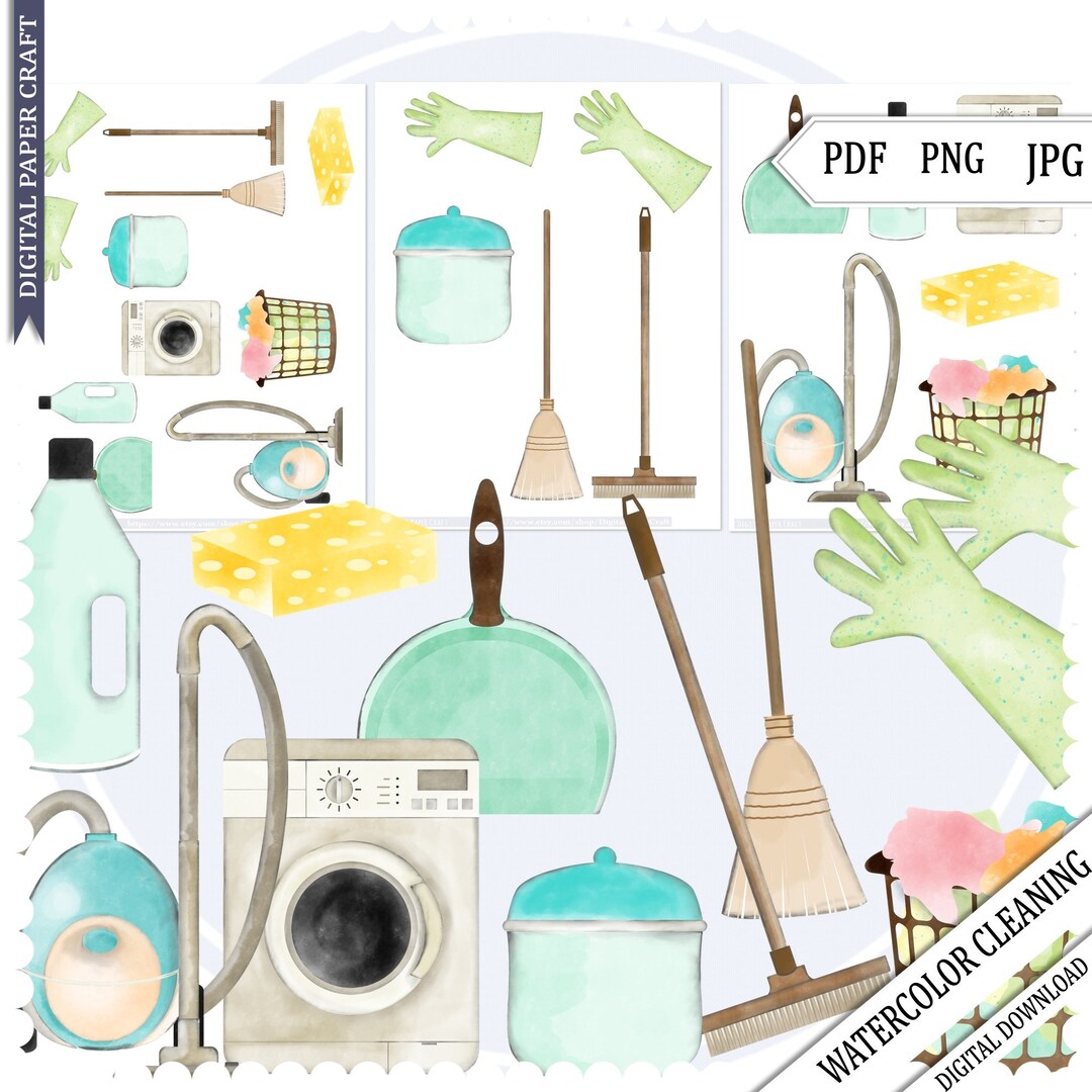 Watercolor Cleaning Clipart, Chores Clipart, Housework Clipart, Instant ...