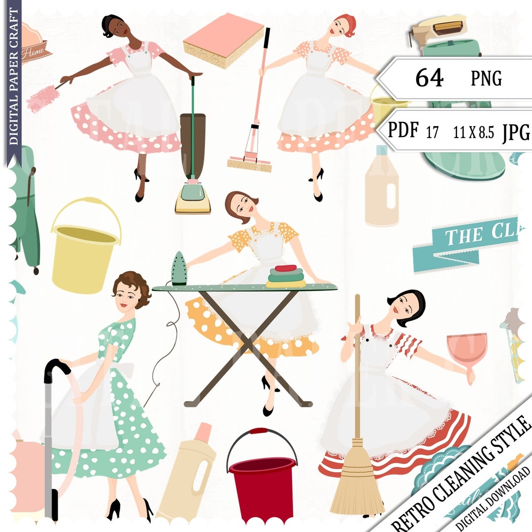 Retro Cleaning Clipart, Chores Clipart, Housework Clipart, Instant ...