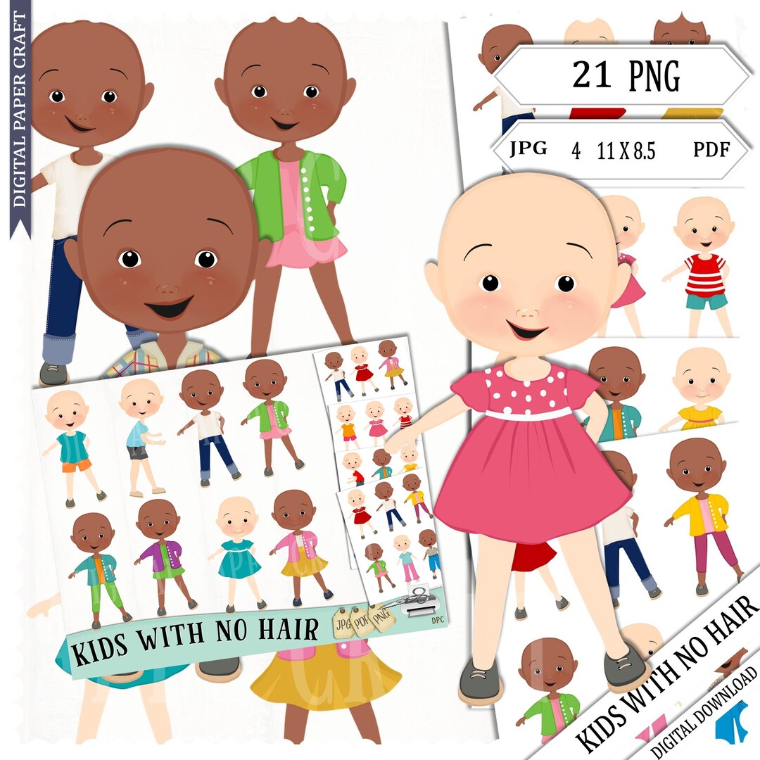 Bald Children Clipart: Hand-drawn Multicultural Kids (PDF, PNG, JPG ...