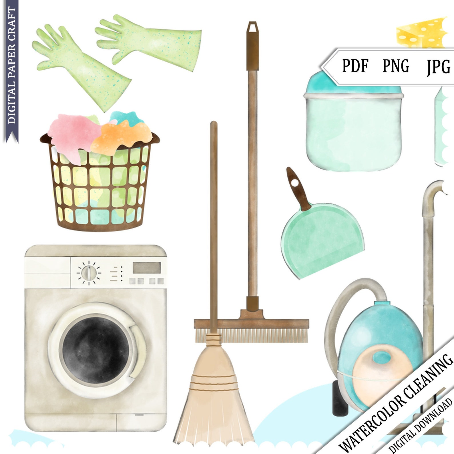 Watercolor Cleaning Clipart, Chores Clipart, Housework Clipart, Instant ...