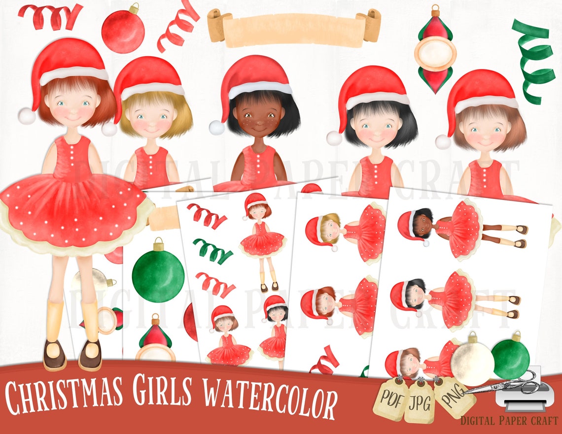 Watercolor Christmas Clipart Girl Clipart Santa Clipart Red | Etsy