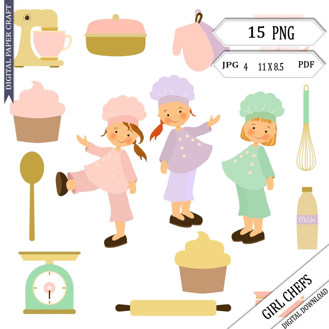 Cooking Clipart, Girl, Cook, Scales, Mixer, Rolling Pin, Recipe ...