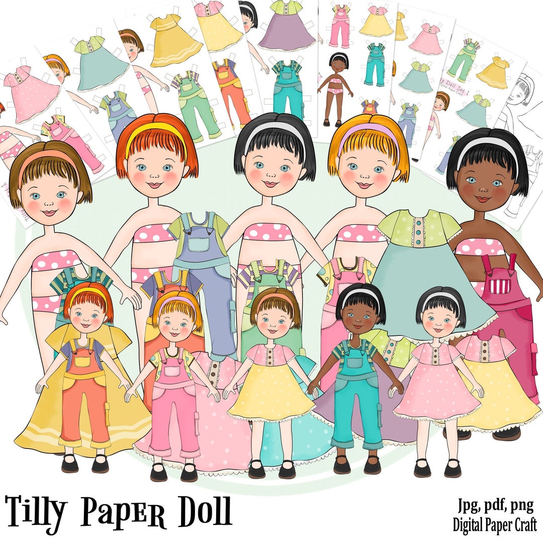 Printable Paper Doll, Digital Paper Dolls, Red, Brown, Blonde, Black ...