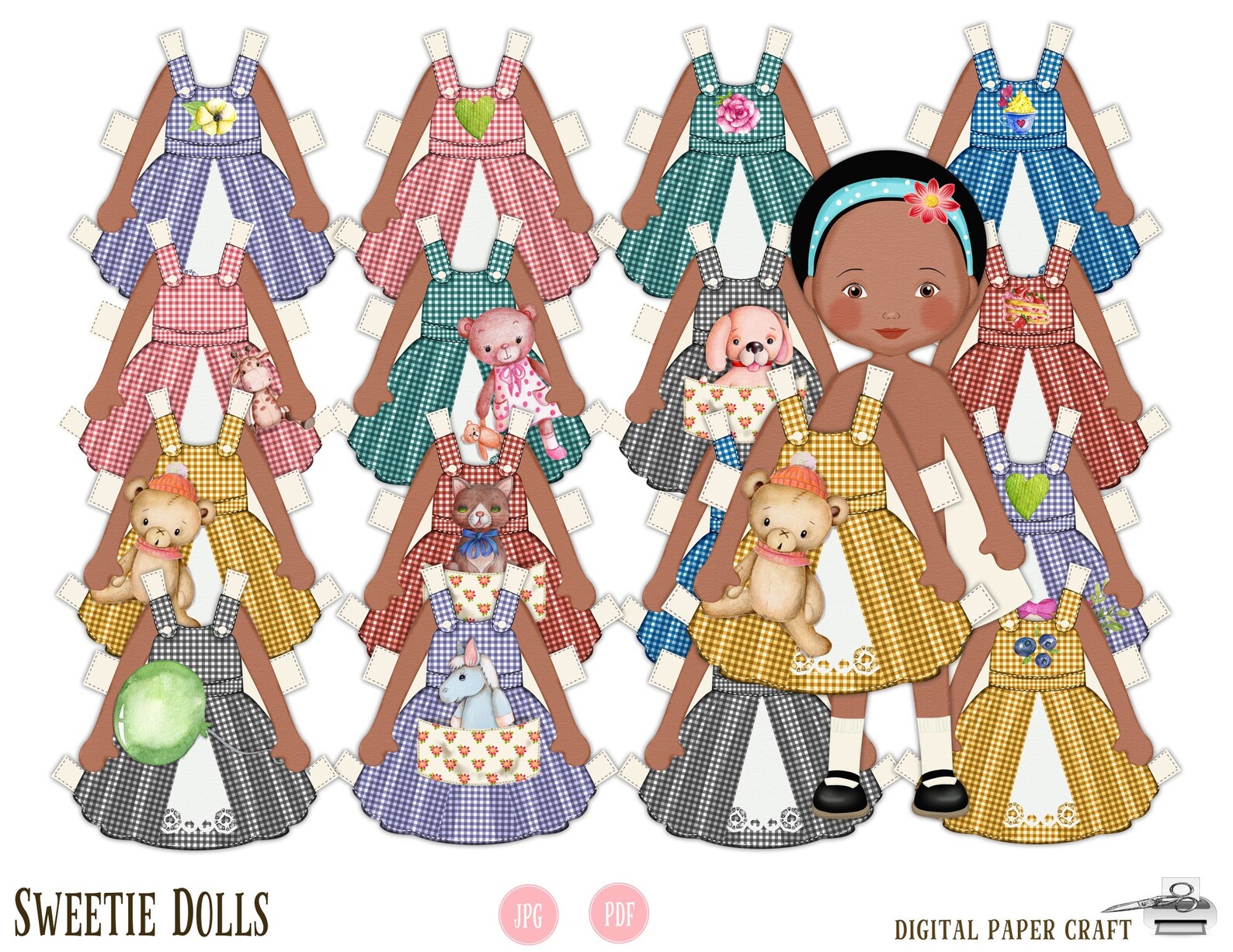 Multicultural Paper Doll Set: Printable Cut-out Dolls, Gingham Dress ...