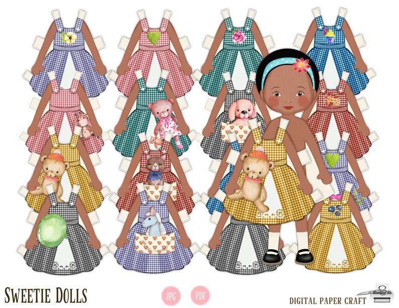 Multicultural Paper Doll Set: Printable Cut-out Dolls, Gingham Dress ...