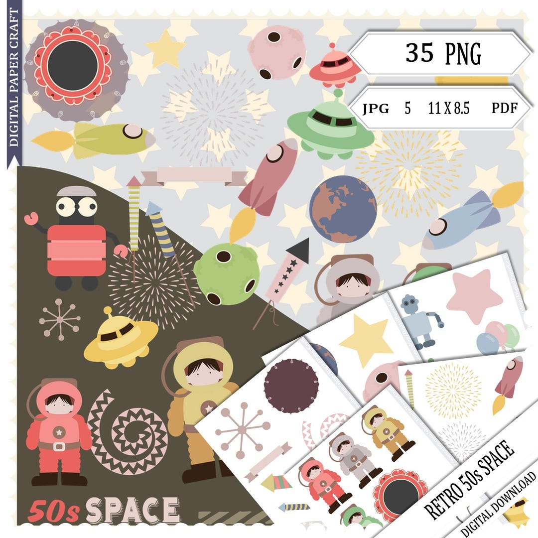 Retro Space Clipart, 50s Clipart, Instant Download, Astronaut, Planet ...