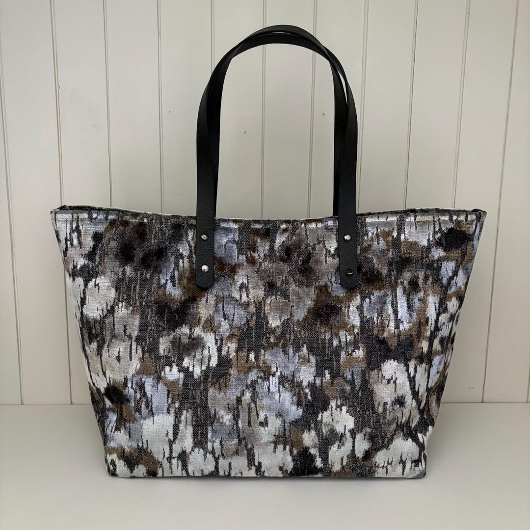 Lori Weitzner Hana Slate Cut Velvet Tote Bag With Leather Handles ...