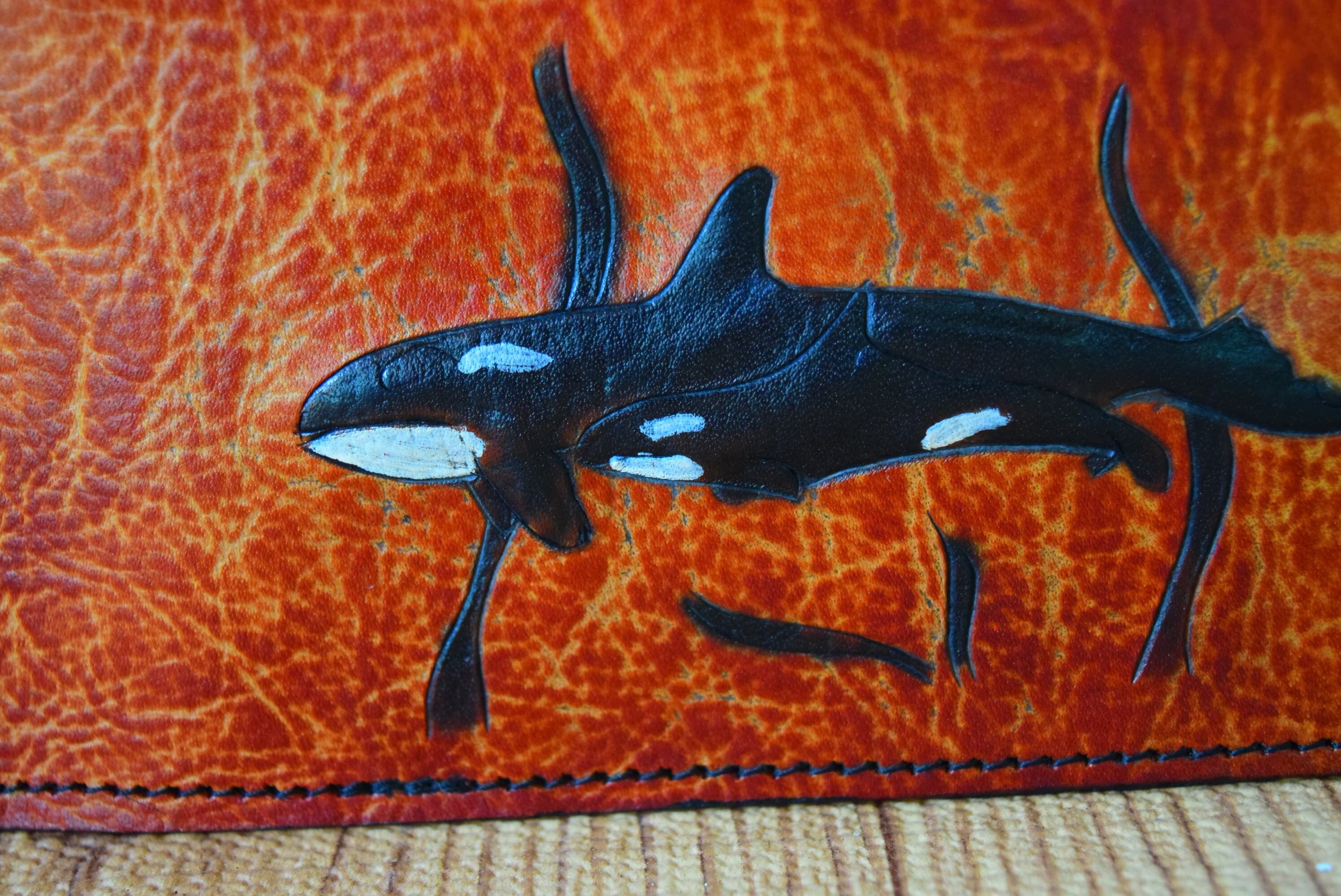 Leather Mens Bi-Fold Wallet, hand carved, with Orca and baby Whale ...